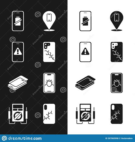 Set Mobile With Broken Screen Exclamation Mark Smartphone Battery