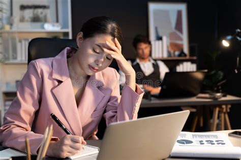 Focusing Woman Coworker Over Thinking Campaign Writing On Paperwork Postulate Stock Image
