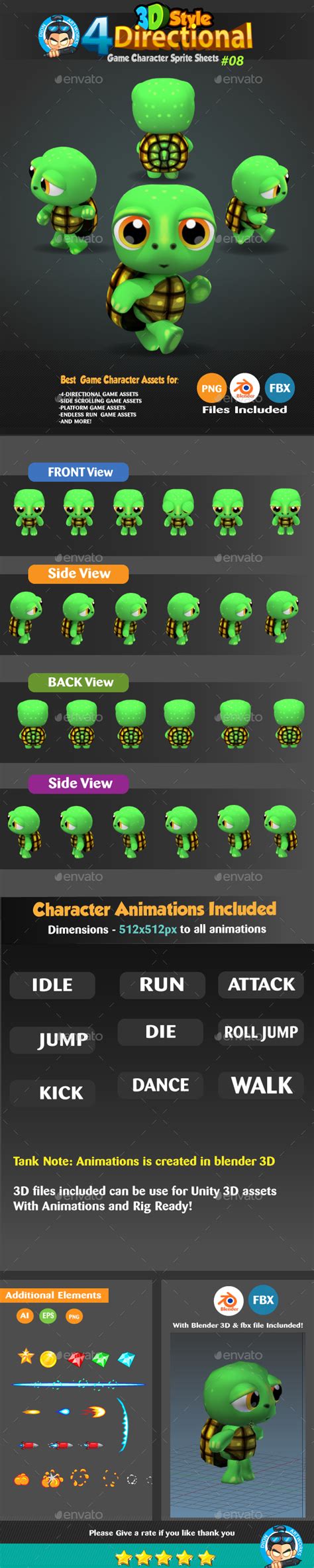 turtle 4 directional game character sprites 08 by pasilan graphicriver
