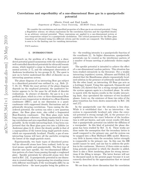 Pdf Correlations And Superfluidity Of A One Dimensional Bose Gas In A Quasiperiodic Potential