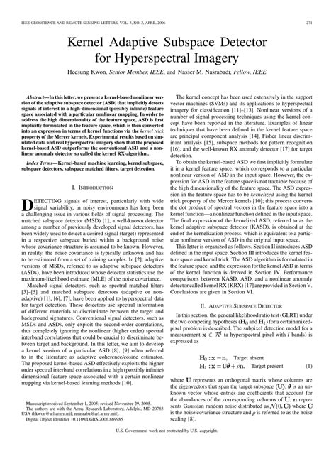 Pdf Kernel Adaptive Subspace Detector For Hyperspectral Imagery