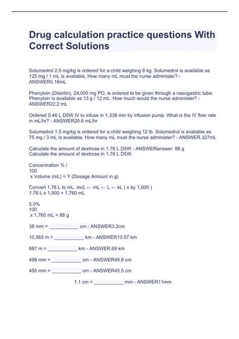 Drug Calculation Practice Questions With Correct Solutions Drug