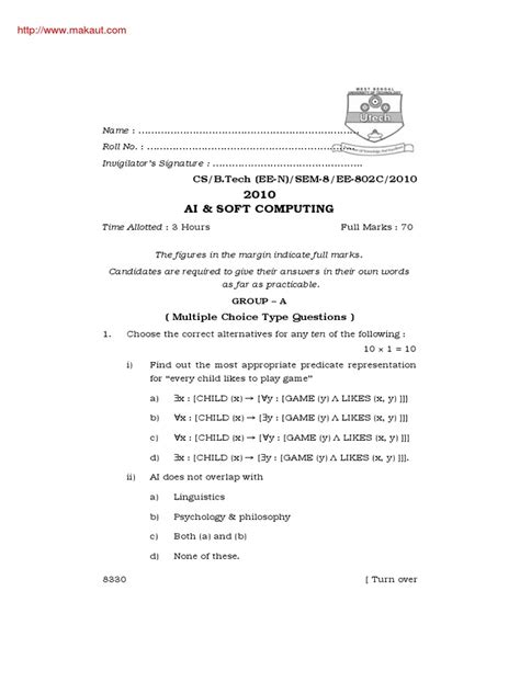 Btech Ee 8 Sem Ai And Soft Computing 2010 Pdf Artificial Intelligence Intelligence Ai