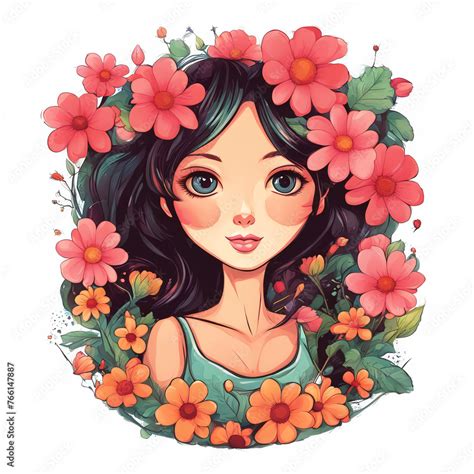 Beautiful Girl With Flowers Illustration Artificial Intelligence Generator Ai Neural Network