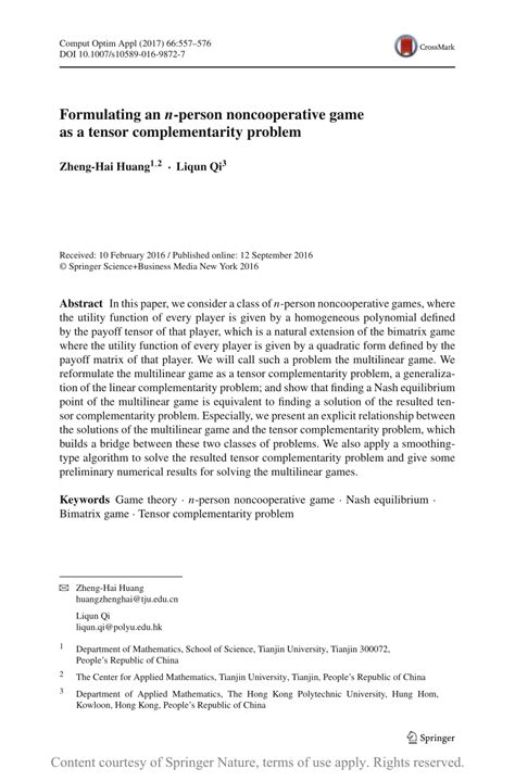 formulating an n person noncooperative game as a tensor