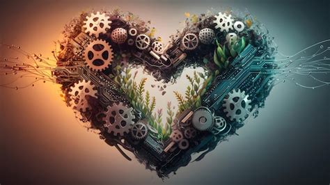 Premium Photo Heart Made Of Metallic And Organic Elements Cogs With Circuits And Plants
