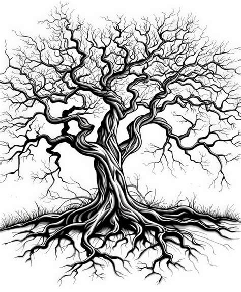 Artistic Black And White Illustration Of A Bare Tree With Twisted Branches And Exposed Roots