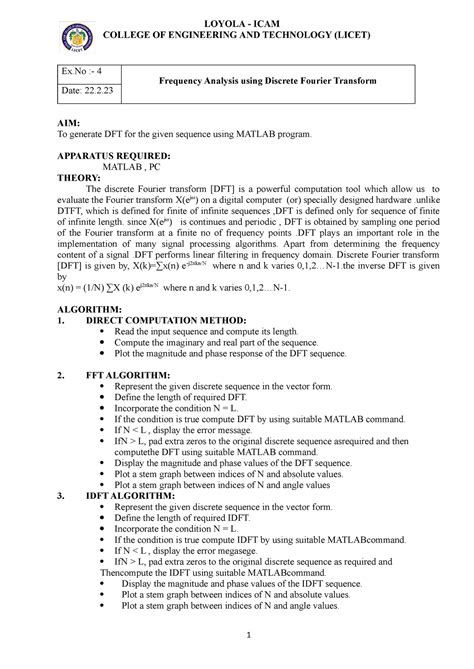dsp experiment 4 ex 4 frequency analysis using discrete fourier