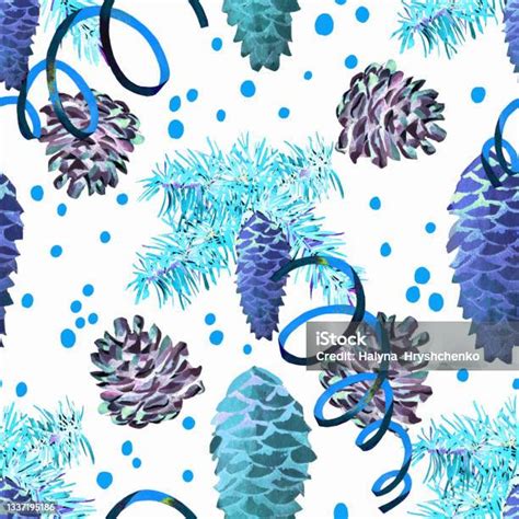 모든 인쇄를위한 흰색 배경 원활한 패턴에 티커 테이프 수채화가가있는 가문비 나무와 소나무 콘 0명에 대한 스톡 벡터 아트 및