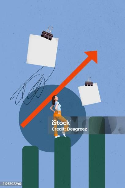트렌드 주형 스케치 디자인 3d 사진 콜라주 무역 사업 목표 상인 성공 젊은 여자 서 화살표 위로 노트 스티커 사무실 관리자 20 24세에 대한 스톡 사진 및 기타 이미지