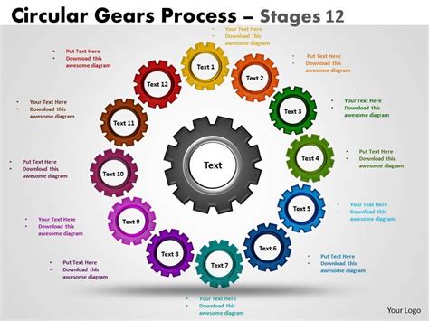 Circular Gears Flowchart Process Diagram Stages PowerPoint Templates Backgrounds Template