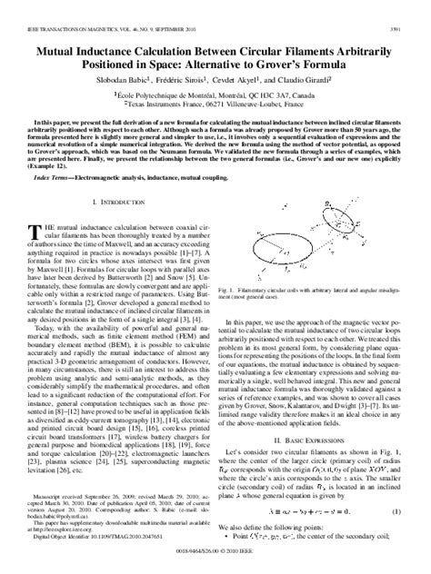 Pdf Mutual Inductance Calculation Between Circular Filaments Arbitrarily Positioned In Space