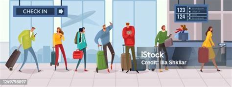 승객 사람들은 수평 파노라마 일러스트를 만화 체크인 데스크에서 공항에서 승객 줄에 만화 사람들 수평 벡터 일러스트 파노라마 터미널 의 내부 가방과 가방을 가진 남성과 여성