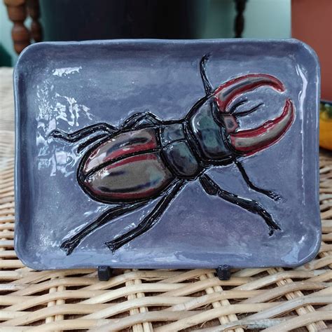 Stag Beetle Ceramic Dish Hand Sculpted Handcrafted Pottery With