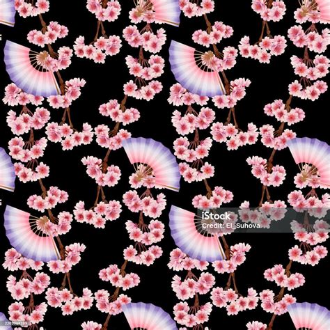분홍색 꽃이 만발한 나뭇 가지 접는 종이 부채 봄 벚꽃 사과 아몬드 나무의 완벽 한 패턴이 흰색 검은 색 배경에 있습니다 하나미를 위한 수채화 템플릿 섬유 벽지 0명에 대한