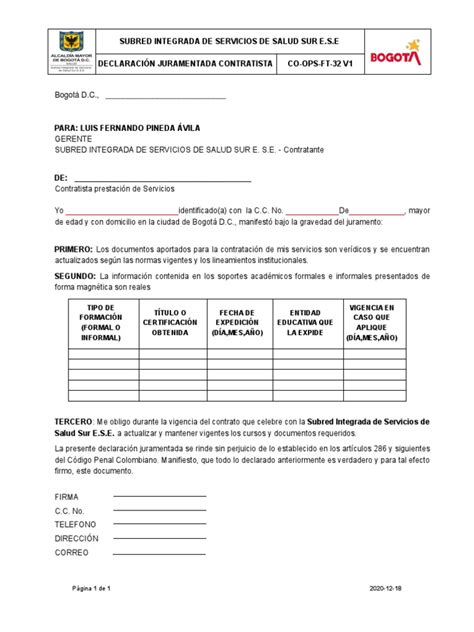 Declaración Juramentada Contratista Pdf