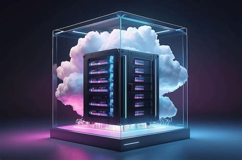 Cloud Data Storage Rack Concept In Glass Cube Cloudscape Digital Metaverse Server For Premium