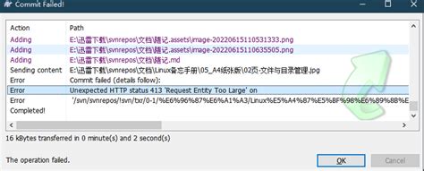 Svn提交报错unexpected Status 413 Request Entity Too Large On 云村的王子