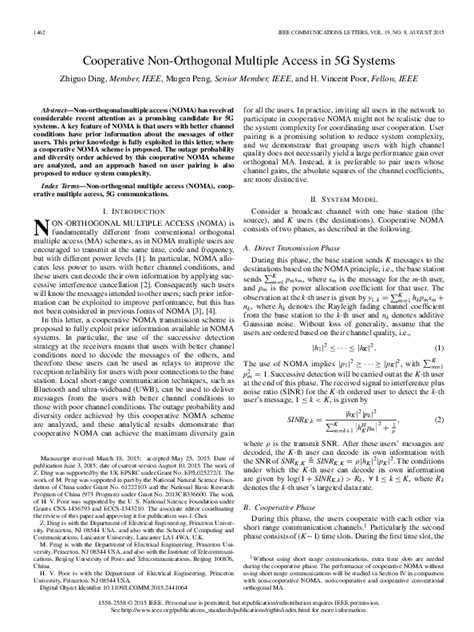 Pdf Cooperative Non Orthogonal Multiple Access In 5g Systems