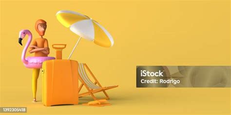 여행 가방 우산 해변 의자 및 플라밍고 플로트가있는 남자가있는 여름 개념 공간을 복사합니다 3d 그림 우산에 대한 스톡 사진 및 기타 이미지 Istock