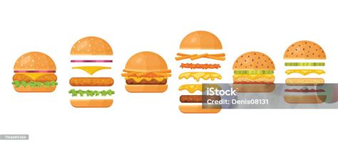 흰색에 고립 된 고전적인 햄버거에 대한 벡터 재료 재료 롤빵 커틀릿 치즈 베이컨 소스 만두 토마토 양파 오이 쇠고기 햄 햄버거 패스트 푸드 재료 음식 재료에 대한 스톡 벡터