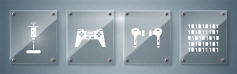 Set Binary Code Air Headphones Gamepad And Syringe Square Glass Panels