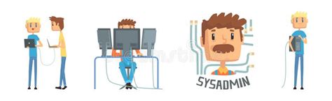 Funny Male Sysadmin Character Work With Server Vector Set Stock Illustration Illustration Of