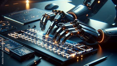 Ai Using Keyboard Future Futuristic Illustration Of Robot Typing On The Keyboard Dark Theme