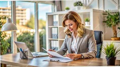 A Professional Woman Reviewing Documents In A Modern Office Setting