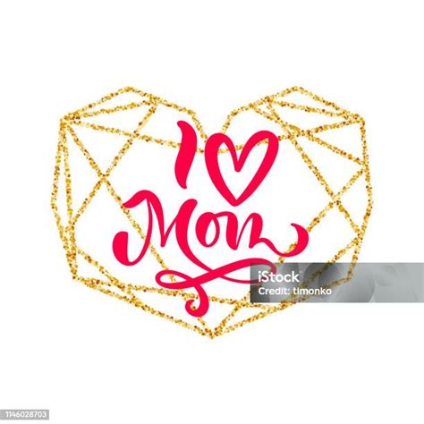 나는 어머니의 날에 금 기하학적 마음의 프레임에 엄마의 손 글자 텍스트를 사랑 해요 벡터 일러스트입니다 인사말 카드 포스터 또는 배너 초대장 엽서 아이콘에 대 한 좋은 0