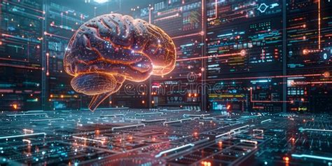 holographic brain floating above a futuristic digital interface