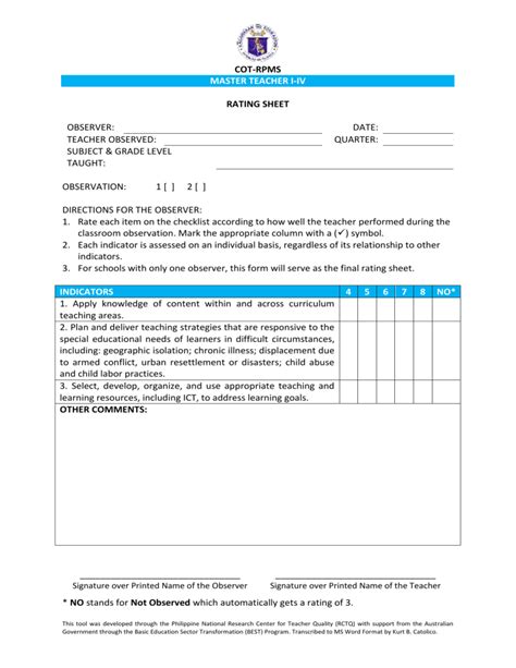 Cot Rpms Master Teacher Rating Sheet