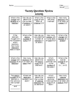 Twenty Questions Review Atoms By ScienceWise TPT