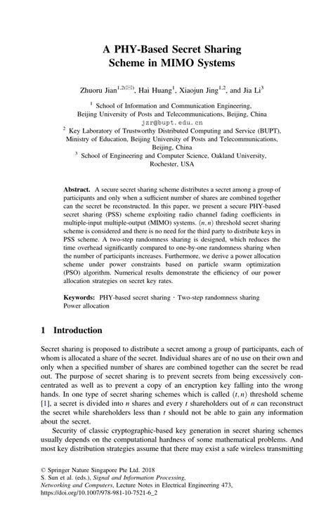 Pdf A Phy Based Secret Sharing Scheme In Mimo Systems