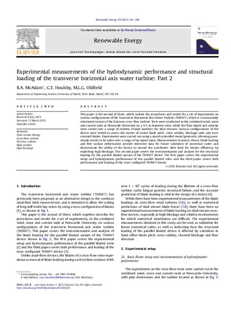 Pdf Experimental Measurements Of The Hydrodynamic Performance And Structural Loading Of The