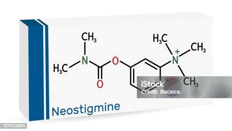네오스티그민 분자 근육 톤을 개선하여 근신력 의 증상 치료를 위한 억제제입니다 골격 화학 포뮬러 의약품용 용지 포장 건강관리와 의술에 대한 스톡 벡터 아트 및 기타 이미지