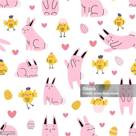 부활절 토끼와 병아리와 흰색 배경에 그린 계란 귀여운 원한 패턴 벡터 만화 일러스트레이션 귀여운에 대한 스톡 벡터 아트 및 기타 이미지 귀여운 꽃 나무 꽃 식물
