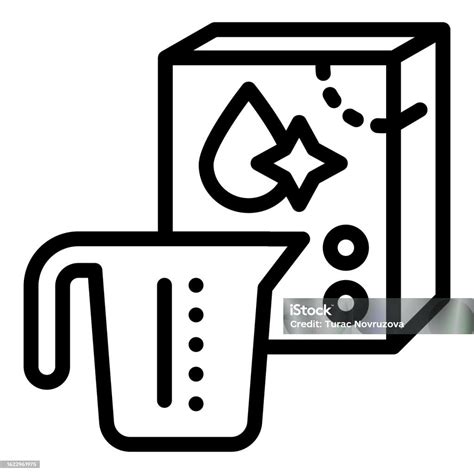 세척 파우더와 계량컵 라인 아이콘 흰색에 분리된 세제 벡터 그림 세탁 장비 개요 스타일 및 응용 프로그램을 위해 설계되었습니다 상자에 대한 스톡 벡터 아트 및 기타 이미지