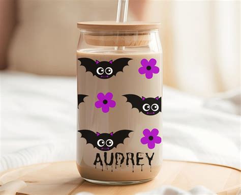 Spooky Bats Frosted Glass 16oz Cup Can Tumbler With Bamboo Lid And