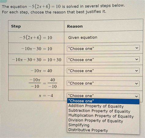 Solved The Equation 5 2x 6 10 Is Solved In Several Steps Below For Each Step Choose The