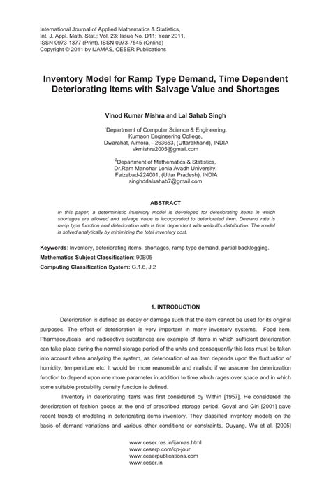 Pdf Inventory Model For Ramp Type Demand Time Dependent Deteriorating Items With Salvage