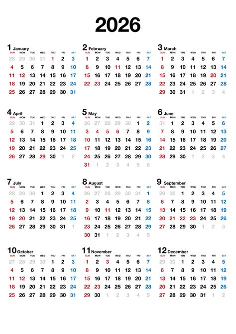 2026年カレンダー（文字大）イラストのフリー素材｜イラストイメージ