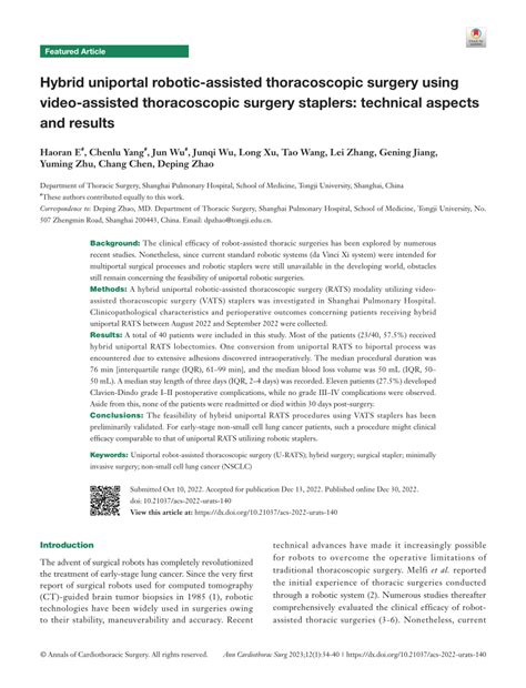 Pdf Hybrid Uniportal Robotic Assisted Thoracoscopic Surgery Rats Using Video Assisted