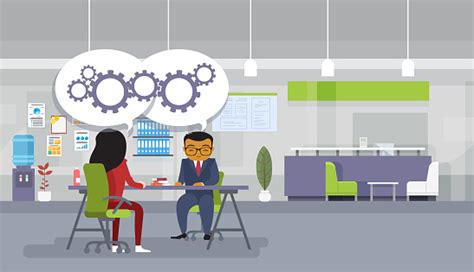 브레인스토밍 회의 아시아 기업 들 사무실 책상에 앉아 토론 새로운 아이디어 프로젝트 개념에 대한 스톡 벡터 아트 및 기타 이미지 개념 경영자 기업 문화 Istock