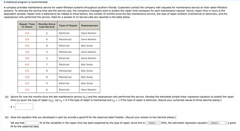 Solved A Statistical Program Is Recommended Repairperson