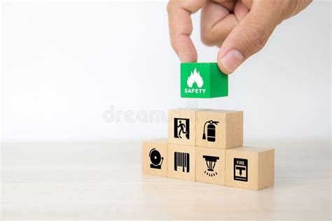 Fire Prevention Concept On Cube Wooden Toy Block Stack With Door Exit Sing Or Fire Escape For