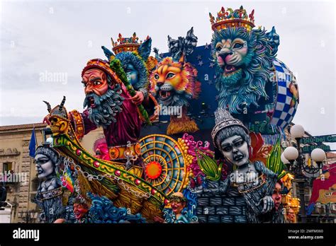 Huge Floats With Colourful Moving Figures Are Pulled Through The Streets Of The Town During The