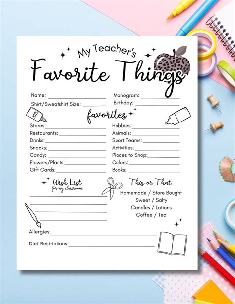 My Teachers Favorite Things Questionnaire Printable Digital