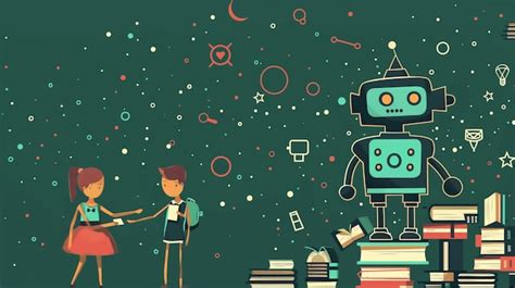 A Robot Is Standing On A Pile Of Books And A Girl Is Holding A Book Premium AI Generated Image