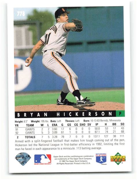 1993 Upper Deck 778 Bryan Hickerson Vg San Francisco Giants Under